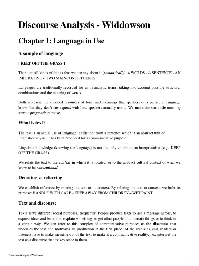 Discourse Analysis - Widdowson | PDF | Discourse | Linguistics Discourse Analysis - Widdowson | PDF | Discourse | Linguistics