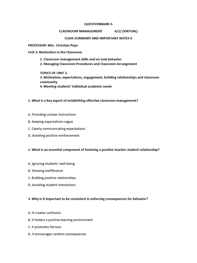 Questionnaire 6 | PDF | Classroom Management | Teaching Method