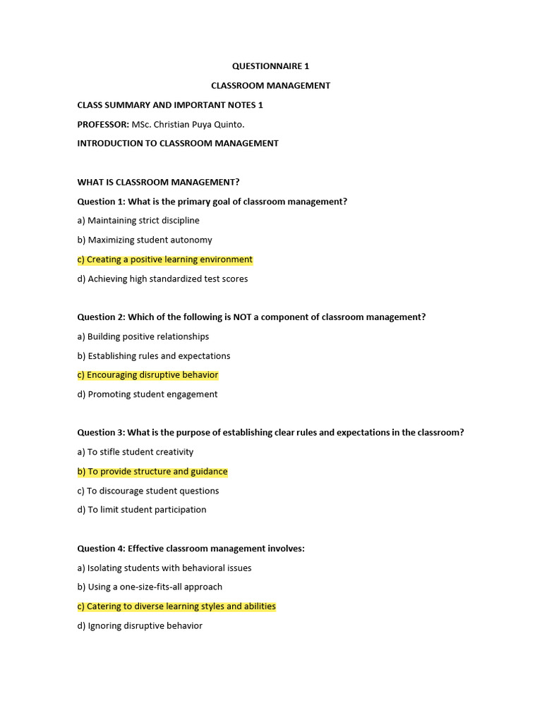 QUESTIONNAIRE 1 ANSWERS | PDF | Classroom Management | Teachers