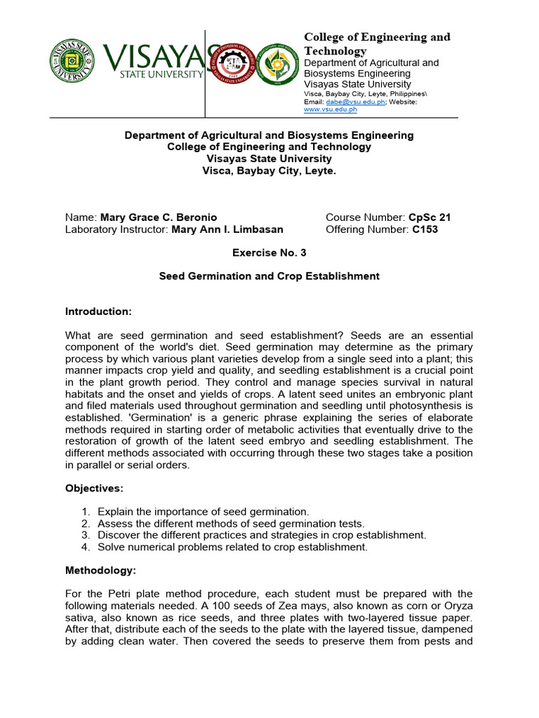Beronio - Seed Germination and Seed Establishment - Exercise No.3 | PDF | Seed | Sowing