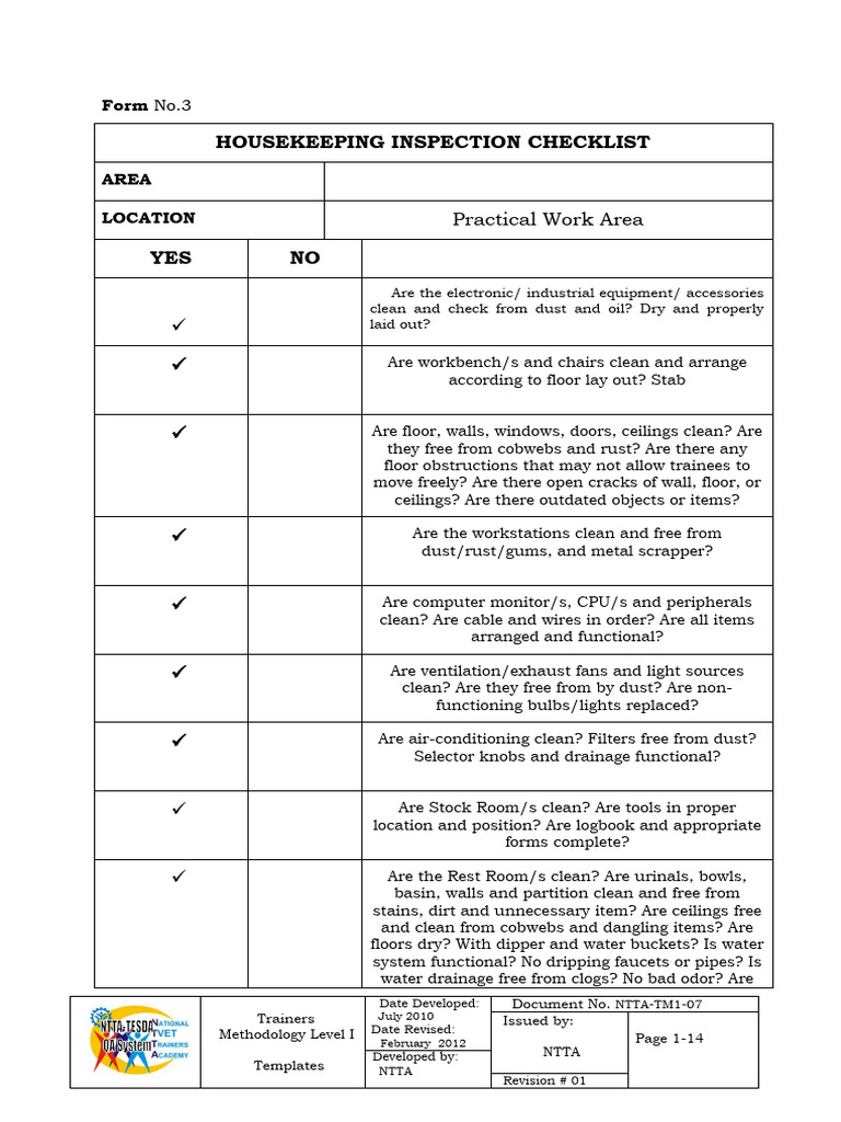 Housekeeping Inspection Checklist (For Check) | PDF | Housekeeping ...