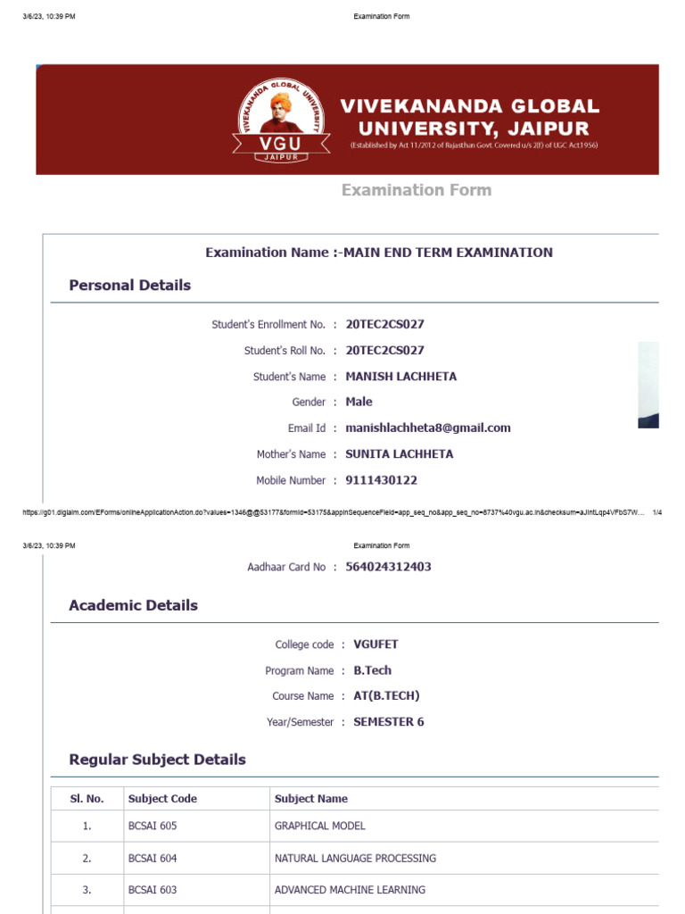 Examination Form 6th Semester | PDF