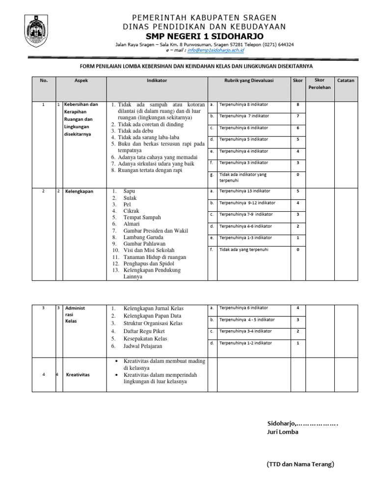 Kriteria Penilaian Lomba Kebersihan Kelas Dan Lingkungan Disekitarnya | PDF