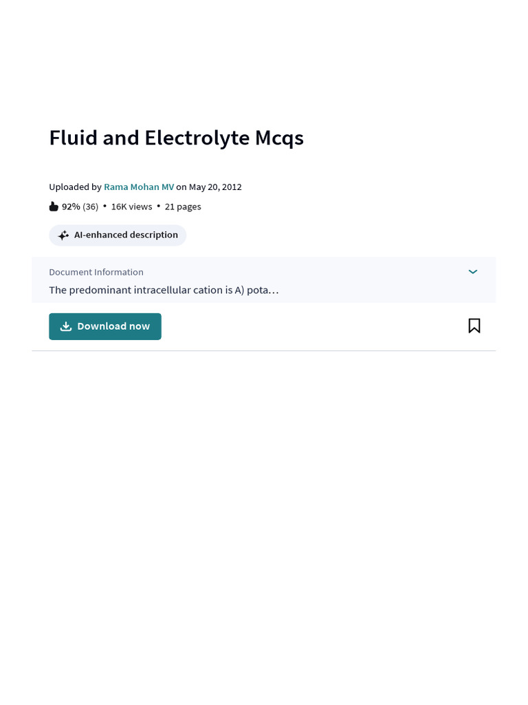 Fluid and Electrolyte Mcqs - PDF - Angiotensin - Kidney | PDF