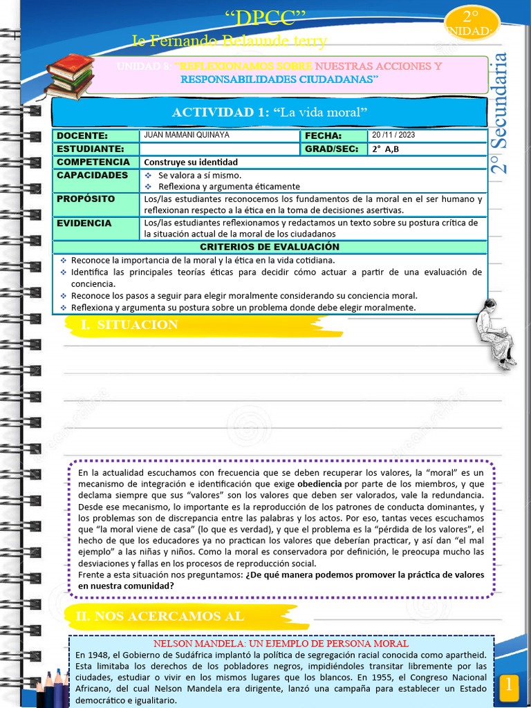 2° DPCC - Actv.01-Unid.8 2023 | PDF | Moralidad | Nelson Mandela
