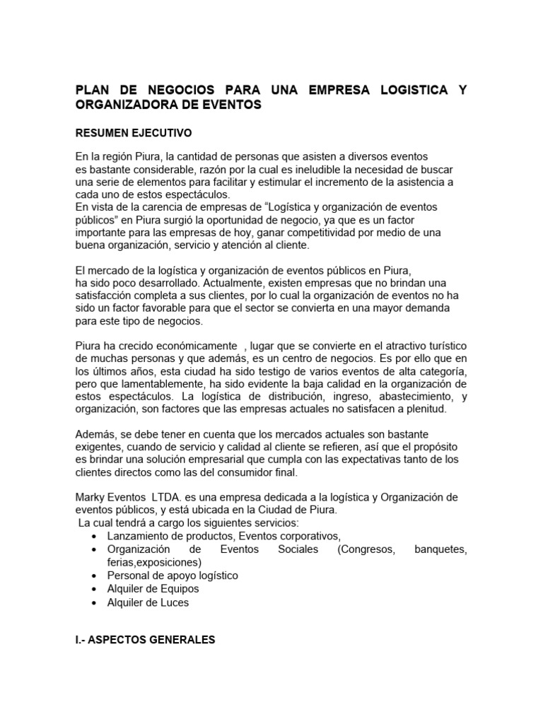 Ejemplo de Plan de Negocios para Una Empresa Logistica y Organizadora de Eventos 2022 Completo ...