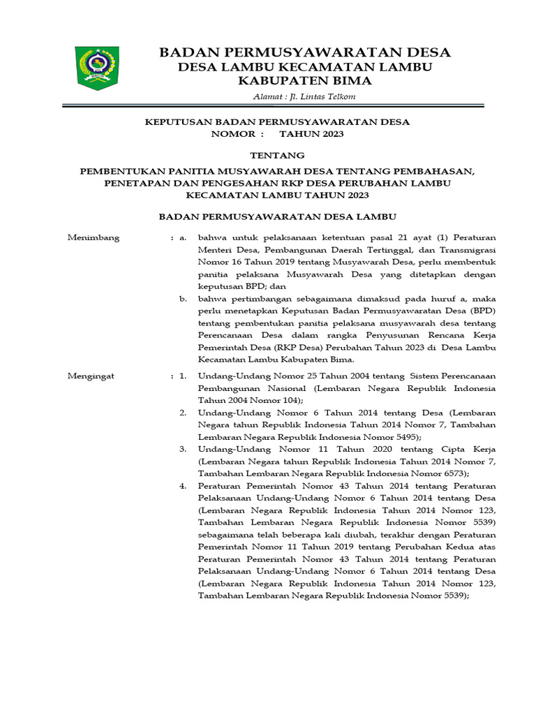 Keputusan BPD Tentang Panitia Musdes Pembahsan, Penetapan Dan ...