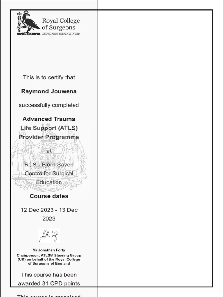 Advanced Trauma Life Support (ATLS) Provider Programme Certificate | PDF