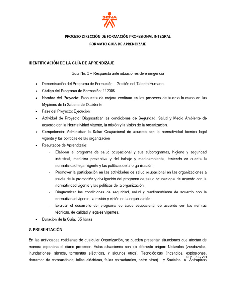 GFPI-F-135 Guia de Aprendizaje 3 SST GTH | PDF | Seguridad y salud ocupacional | Defensa Civil