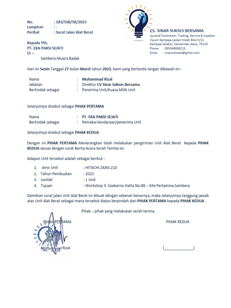 Surat Jalan Ssb-Eps Exa Zaxis 2023 | PDF