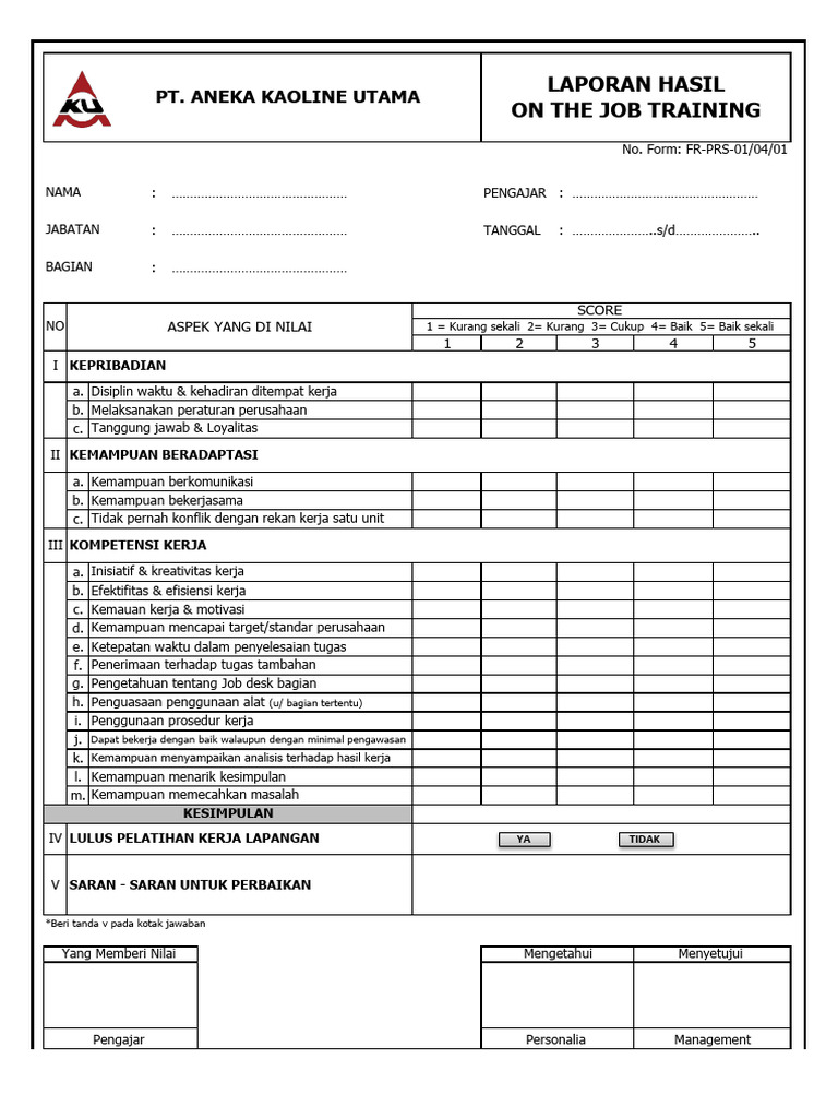Form Laporan Hasil Job Training | PDF