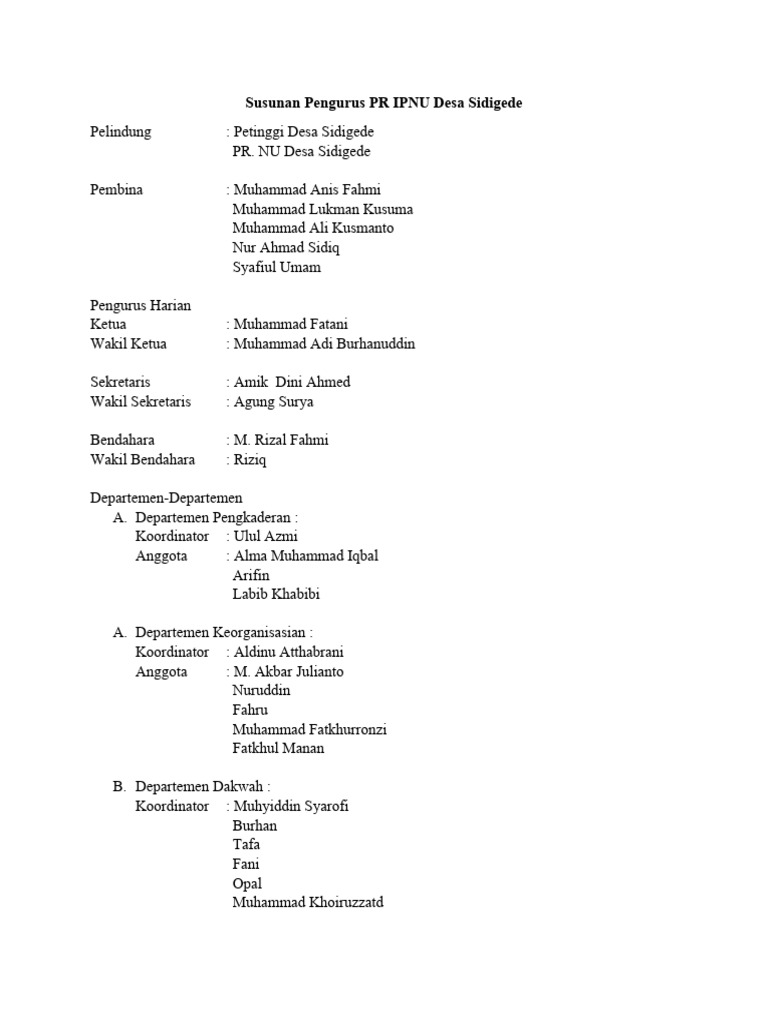 Susunan Pengurus PR IPNU Desa Sidigede | PDF
