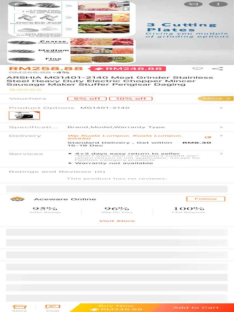 ARSHIA MG1401-2140 Meat Grinder Stainless Steel Heavy Duty Electric Chopper Mincer Sausage Maker ...