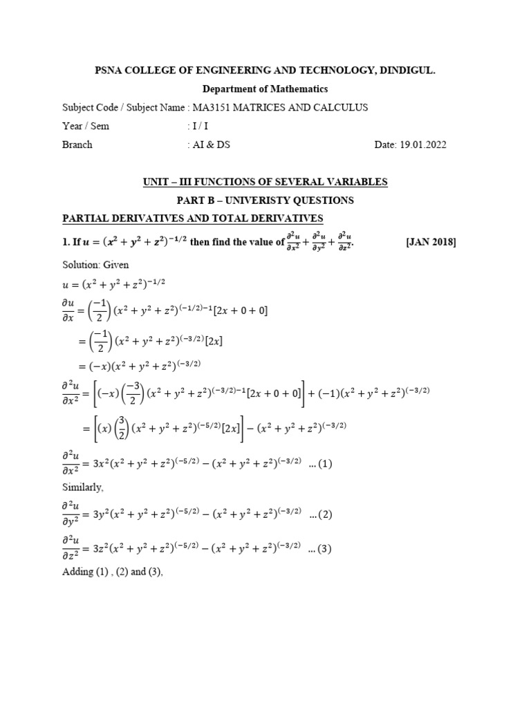 Answers Unit 3 - Functions of Several Variables - Part B University Questions 01.02.2022 | PDF ...