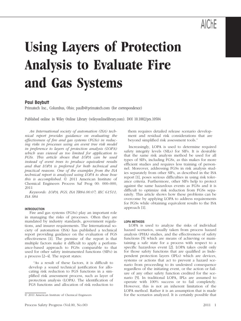 Using Layers of Protection Analysis To Evaluate Fire and Gas Systems ...