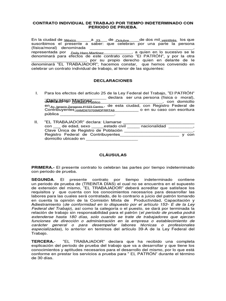 Contrato Individual Indeterminado con Prueba | PDF