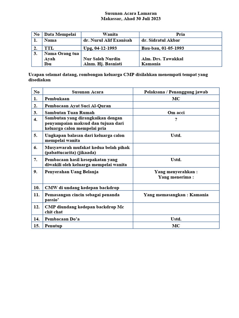 RUNDOWN ACARA LAMARAN Nurul & Akbar Juli 2023-1 | PDF