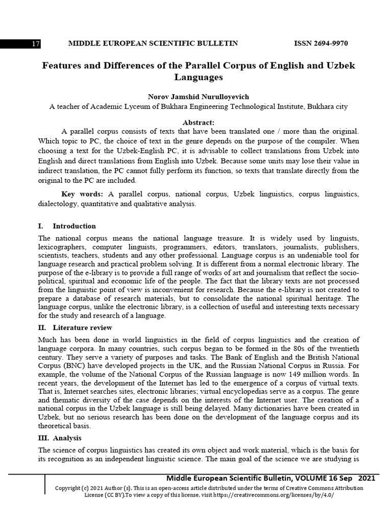 Features and Differences of The Parallel Corpus of English and Uzbek ...