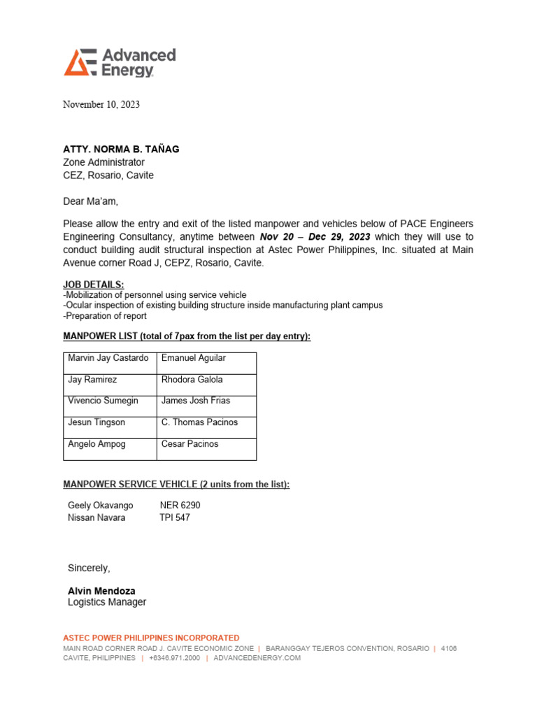 Letter of Entry and Exit CEPZ - PACE Engineers - Nov2023 | PDF