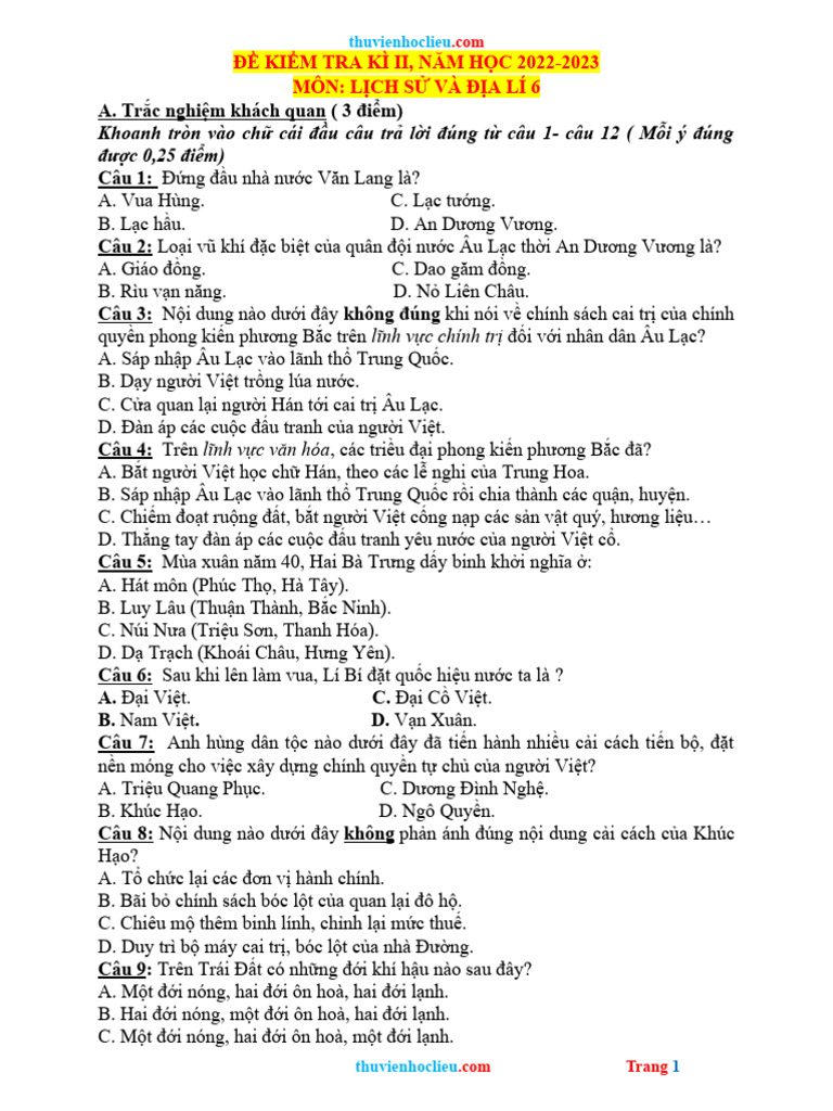 De Thi HK2 Lich Su Dia 6 Nam 22 23 | PDF