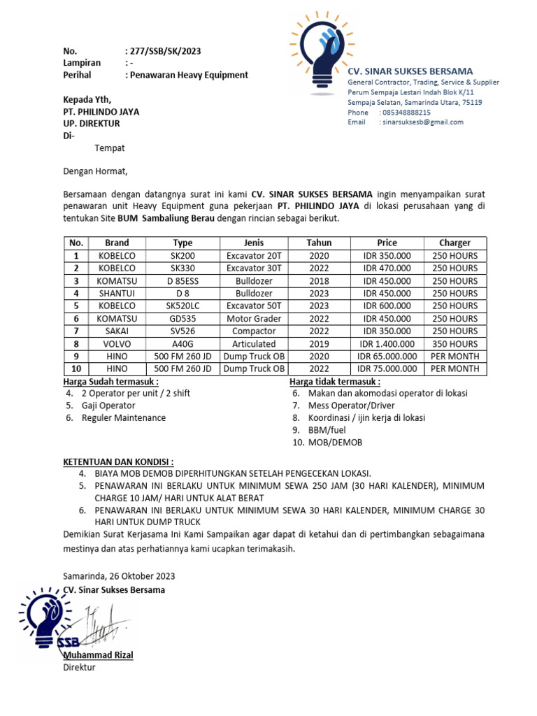Penawaran Alat Berat untuk PT. Philindo | PDF