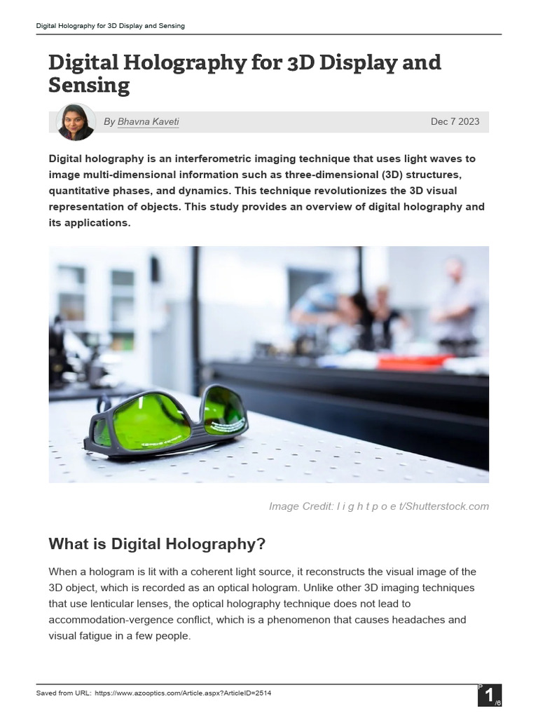 Digital Holography For 3D Display and Sensing | PDF | Holography | 3 D Computer Graphics