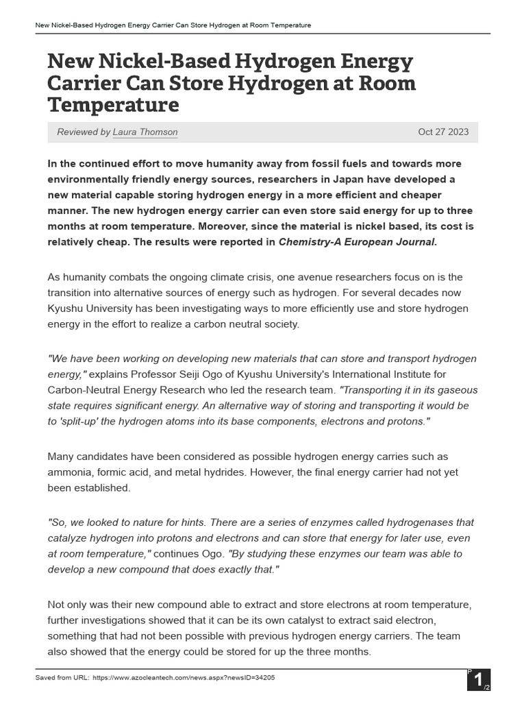 New Nickel Based Hydrogen Energy Carrier Can Store Hydrogen at Room ...