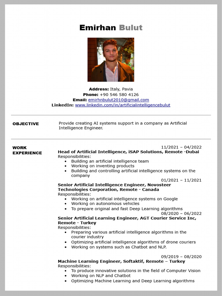 Senior Artificial Intelligence Engineer CV | PDF | Artificial Intelligence | Intelligence (AI ...