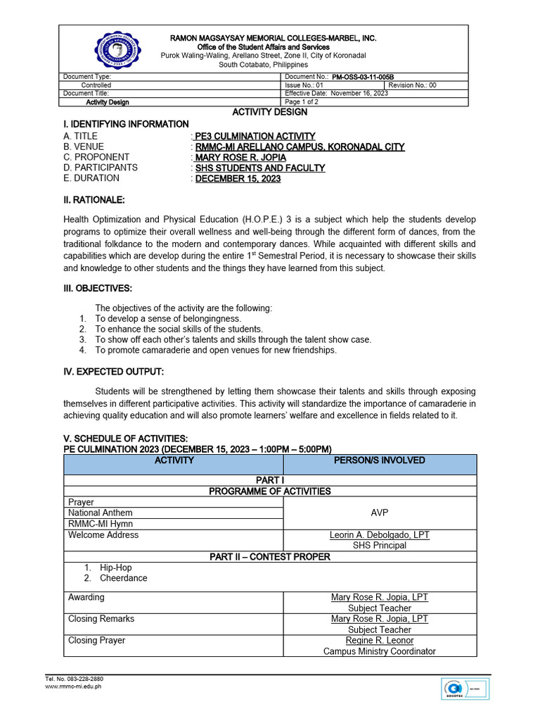 005b Activity Design | PDF | Behavior Modification