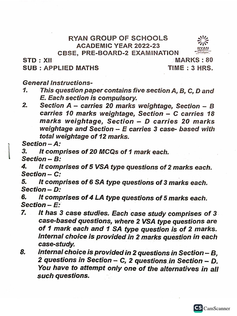 Ryan Pre-Board 2022-23 Applied Mathematics | PDF