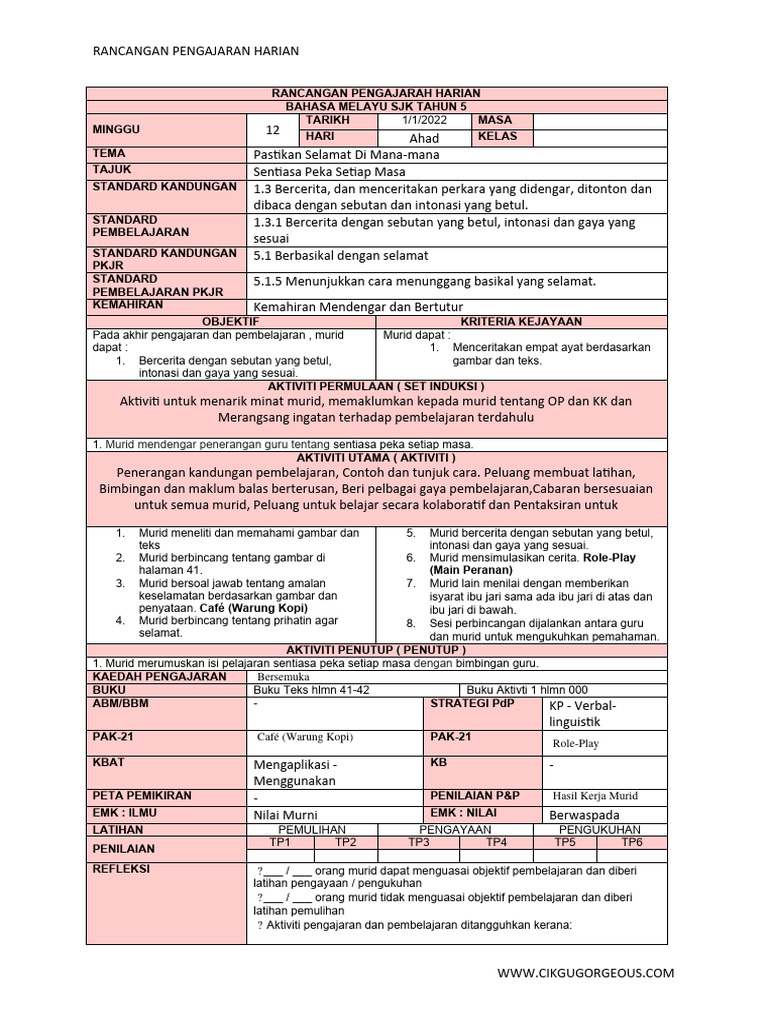 RPH Minggu 12 BM SJK THN 5 by Cikgu Gorgeous | PDF