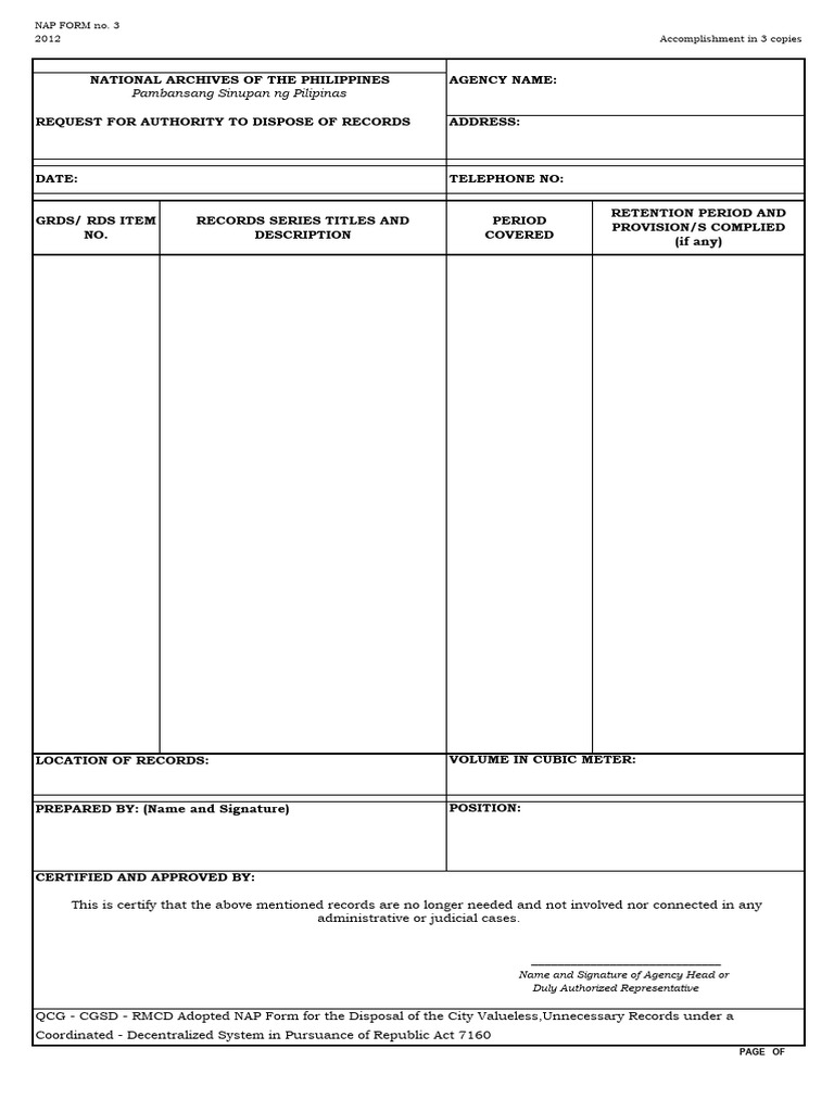 17 Request For Authority To Dispose NAP Form No 3 | PDF 17 Request For Authority To Dispose NAP Form No 3 | PDF
