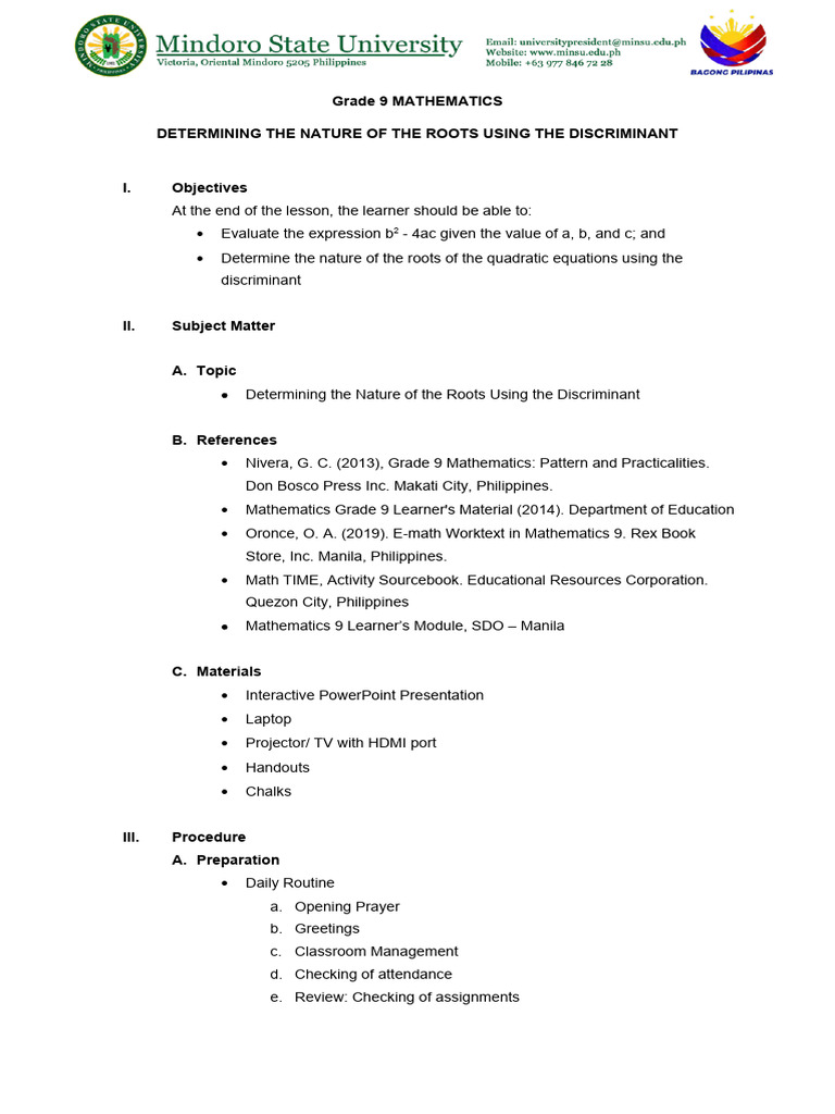Semi Detailed Lesson Plan Grade 9 Quadratic Equation