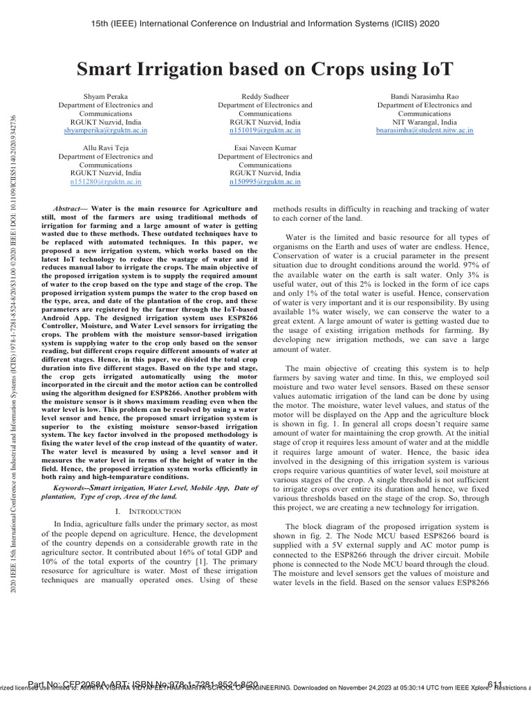 Smart Irrigation Based On Crops Using IoT | PDF