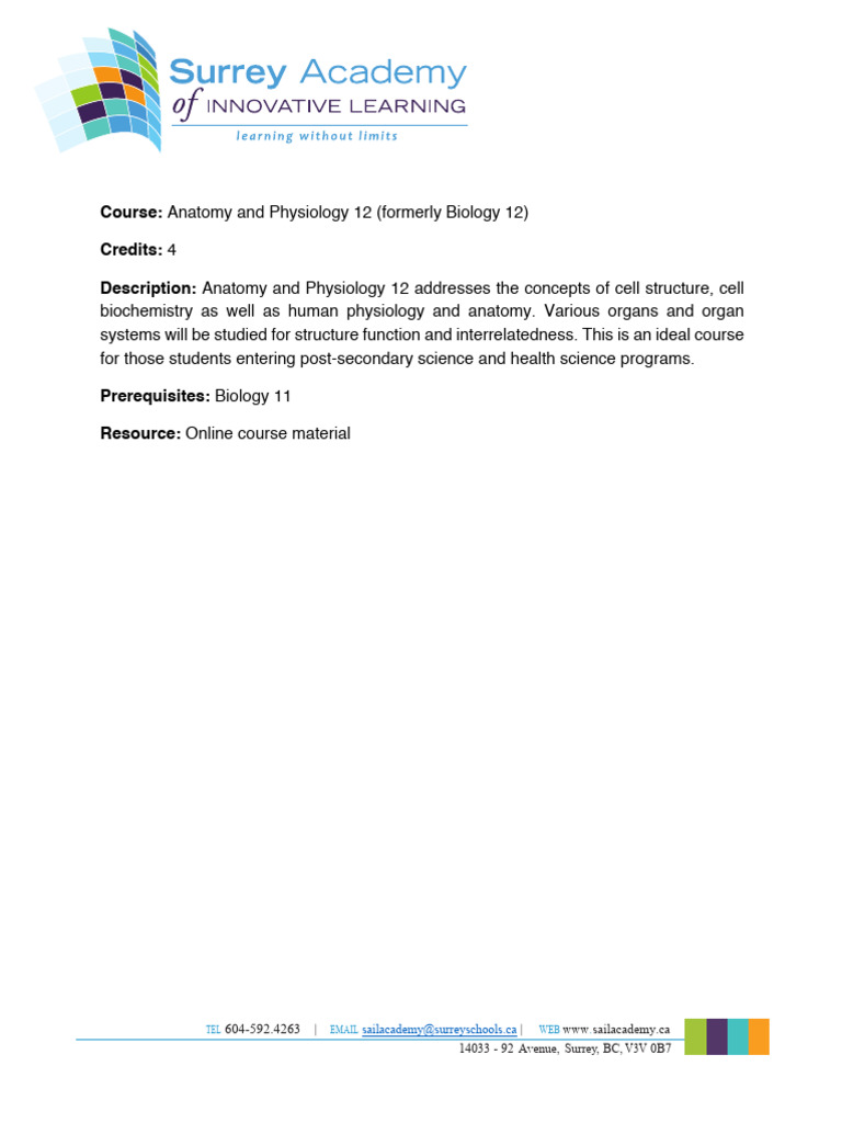 Anatomy and Physiology 12 Course Description | PDF | Science & Mathematics