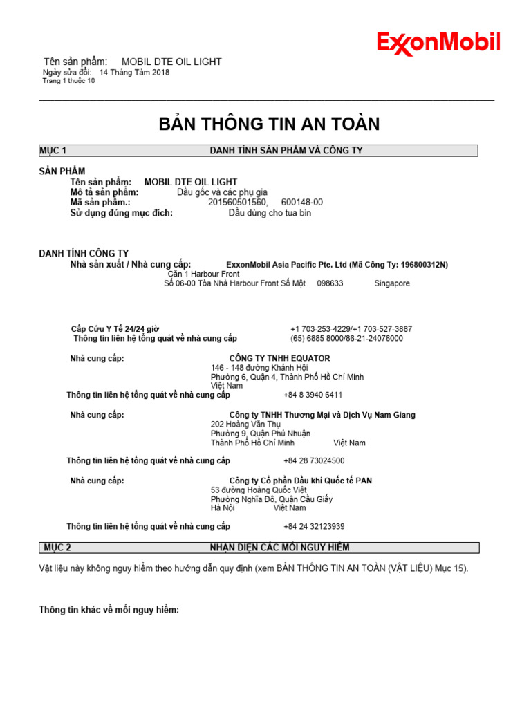 MSDS Mobil DTE OIL LIGHT ISO VG 32 | PDF