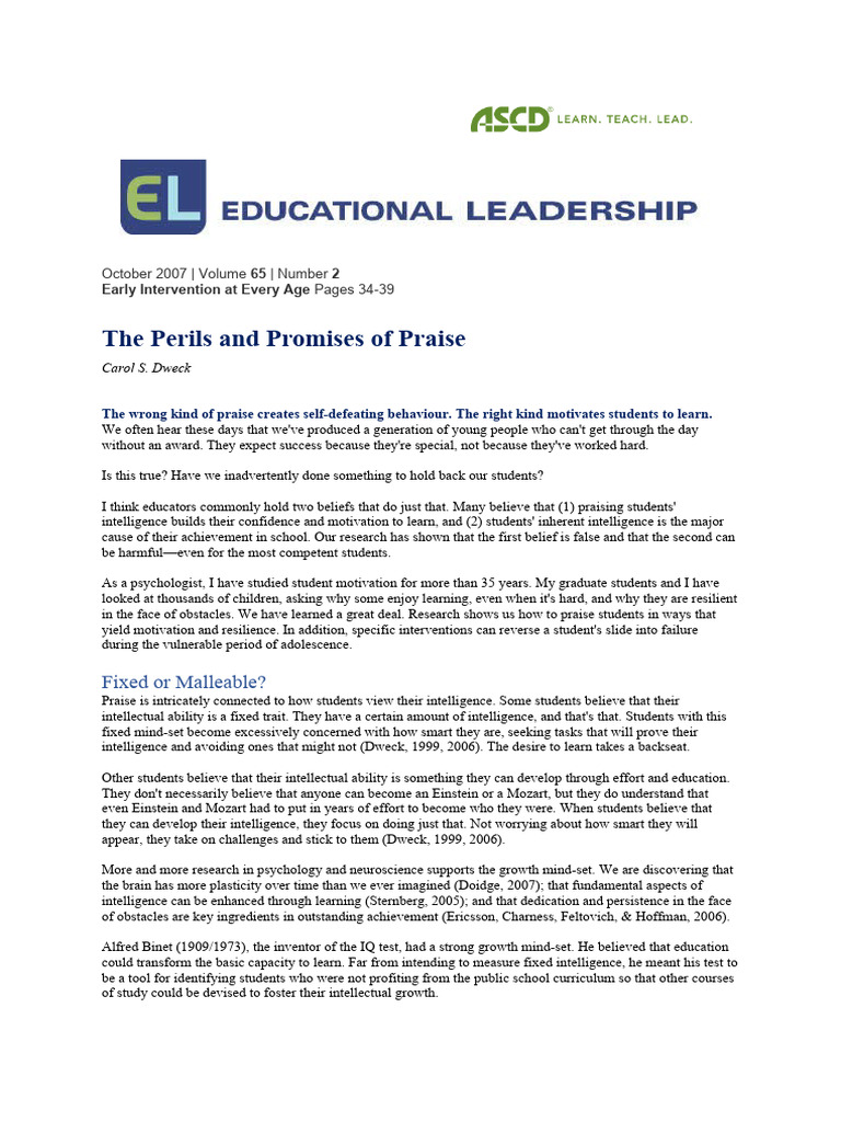 The Perils and Promise of Praise 1 1 | PDF | Mindset | Intelligence