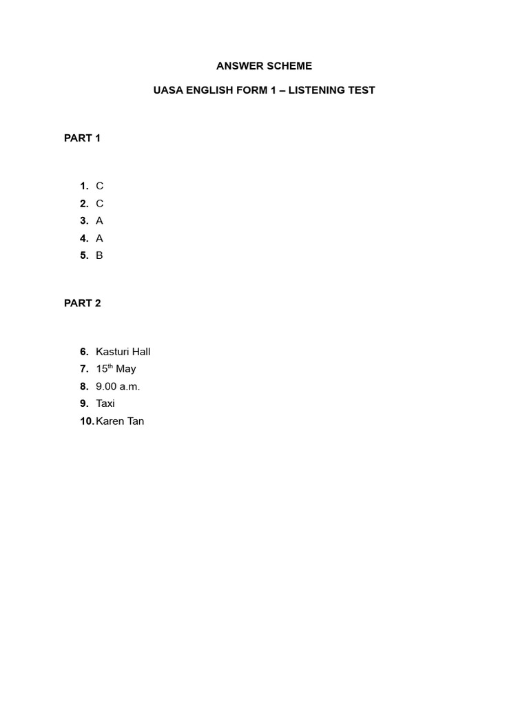 Answer Scheme - UASA English Form 1 Listening Test | PDF