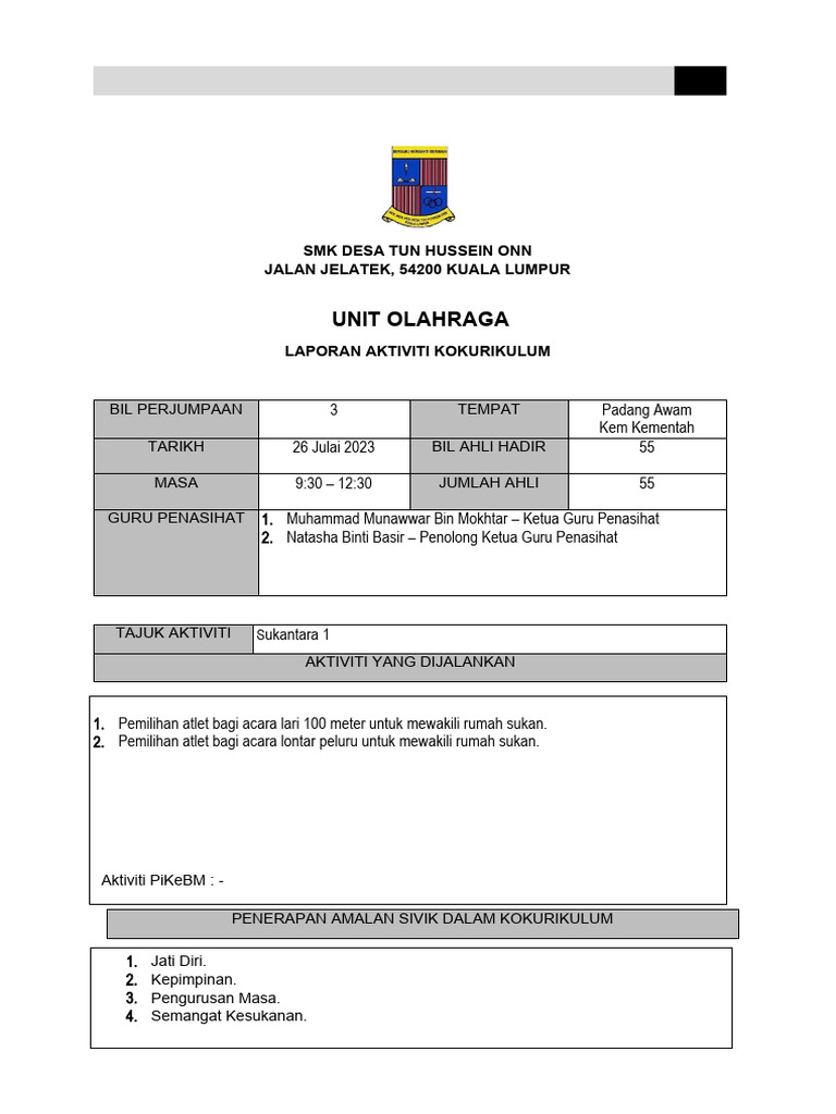 Laporan Perjumpaan Kokurikulum 2023 - Original (KBAT) | PDF