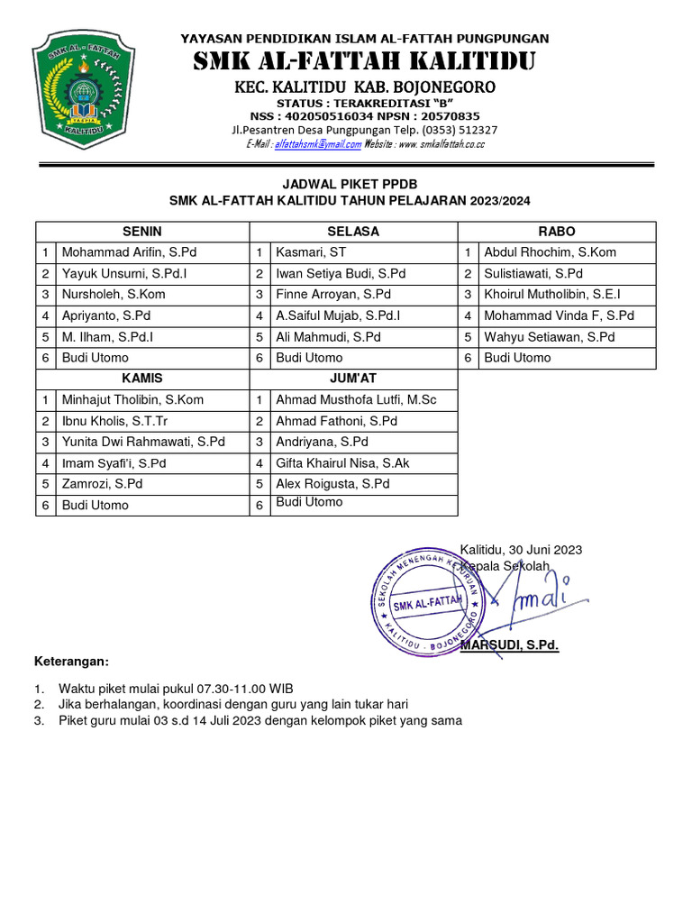 Piket PPDB SMK Al-Fattah Kalitidu 2023 | PDF