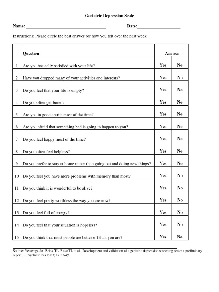Geriatric Depression Scale Name: Date | PDF | Psychology | Behavioural ...