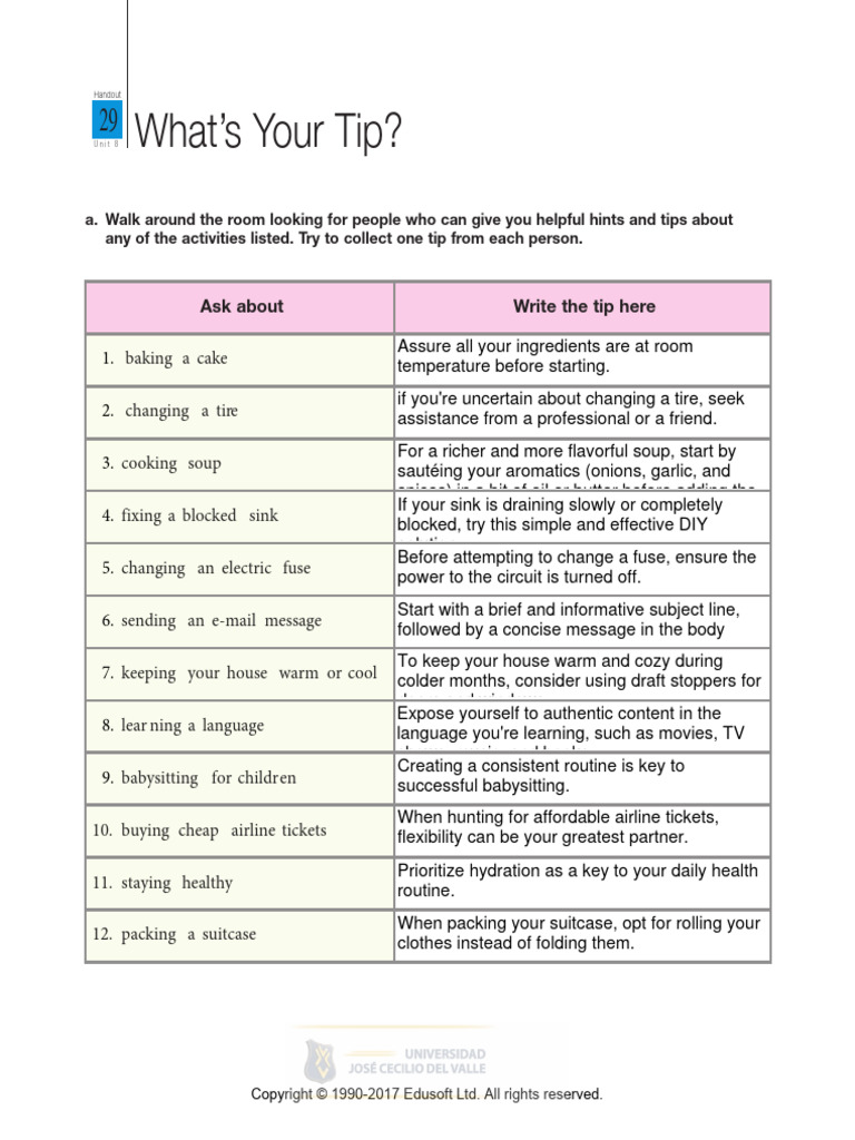 08 Intermediate II Handout 29 Unit 8 Instructions Whats Your Tip | PDF