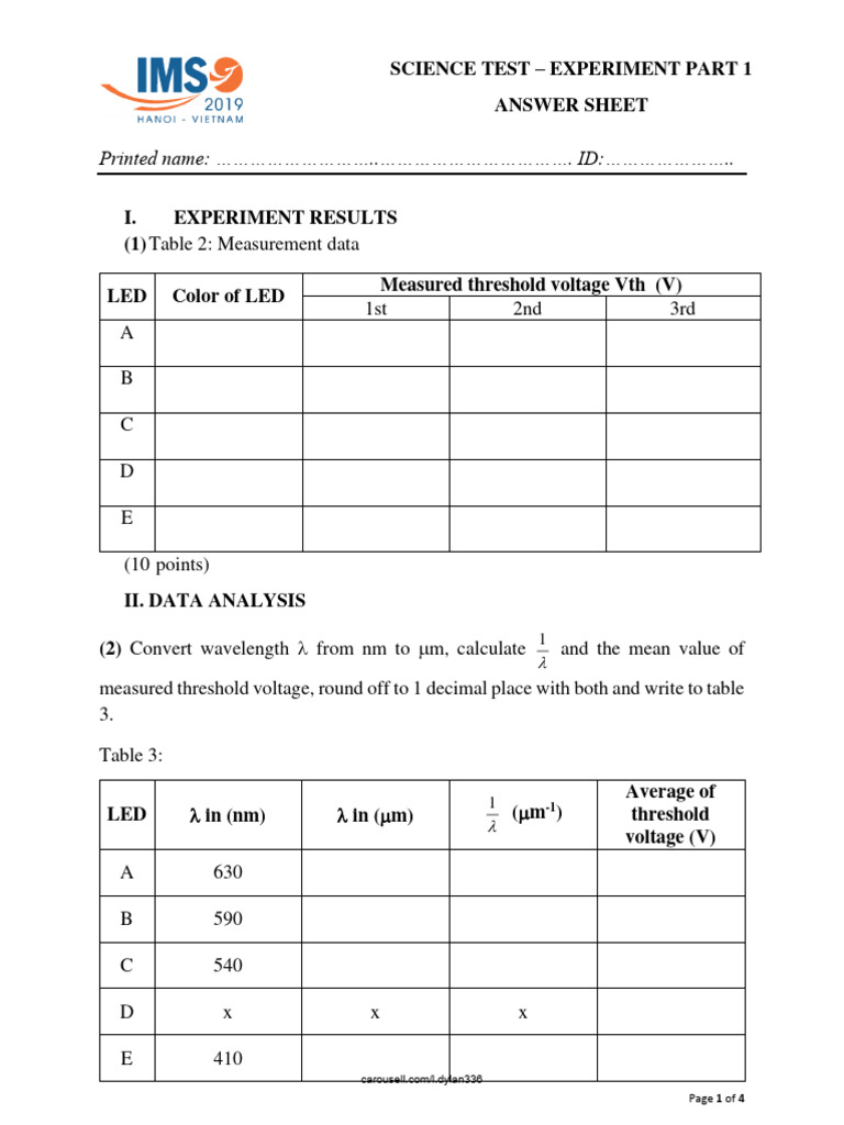 2019 - Science - Experiment Part 1 - Ans Sheet | PDF | Light Emitting Diode | Electrical Engineering