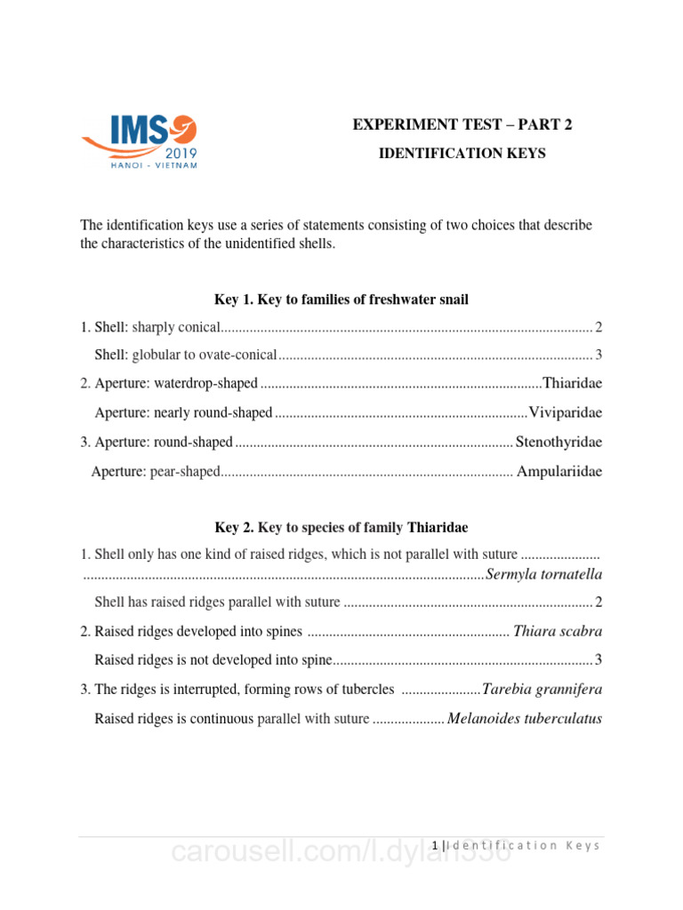 2019 - Science - Experiment Part 2 - IdentificationKeys | Download Free PDF | Molluscs