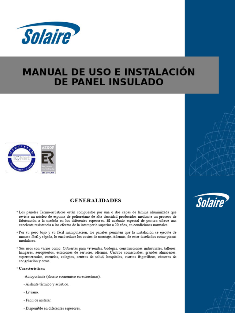 Manual de Uso e Instalación de Panel Insulado y Lamina | PDF | Aislamiento térmico | Poliuretano
