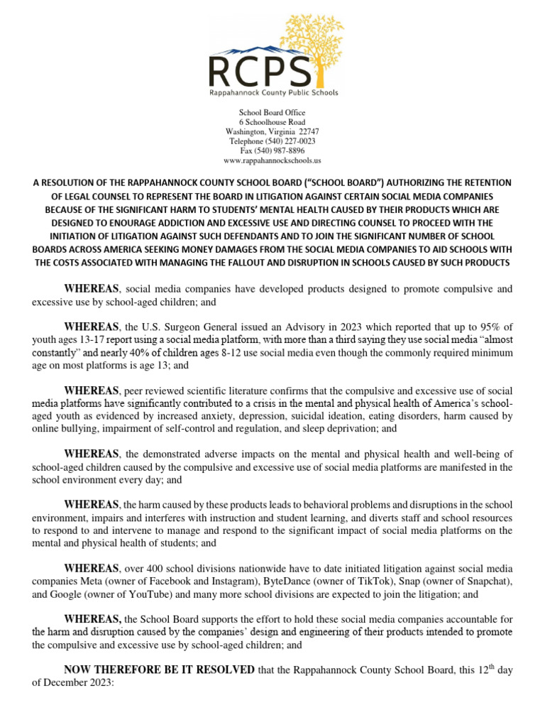 RCPS Litigation Authorization Resolution - Approved 121223 | PDF | Social Media | Popular ...