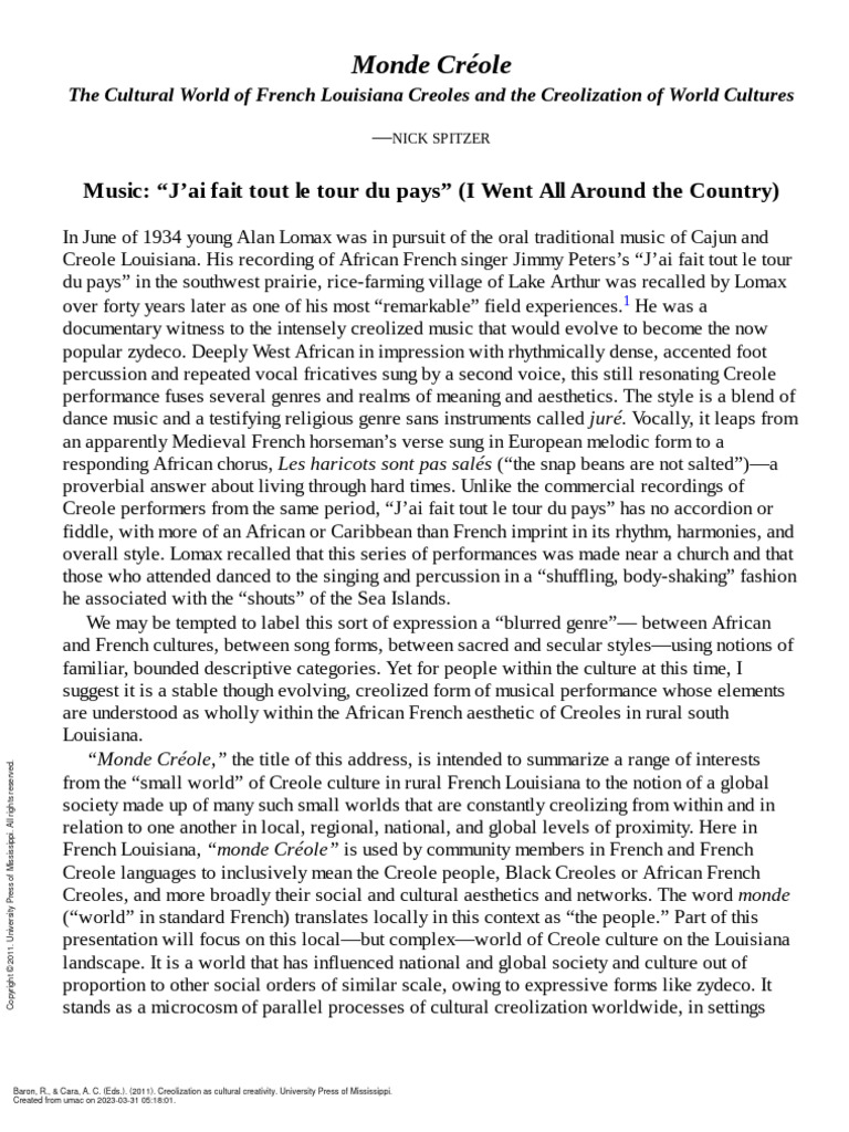 Monde Créole The Cultural World of French Louisiana Creoles and The Cr ...