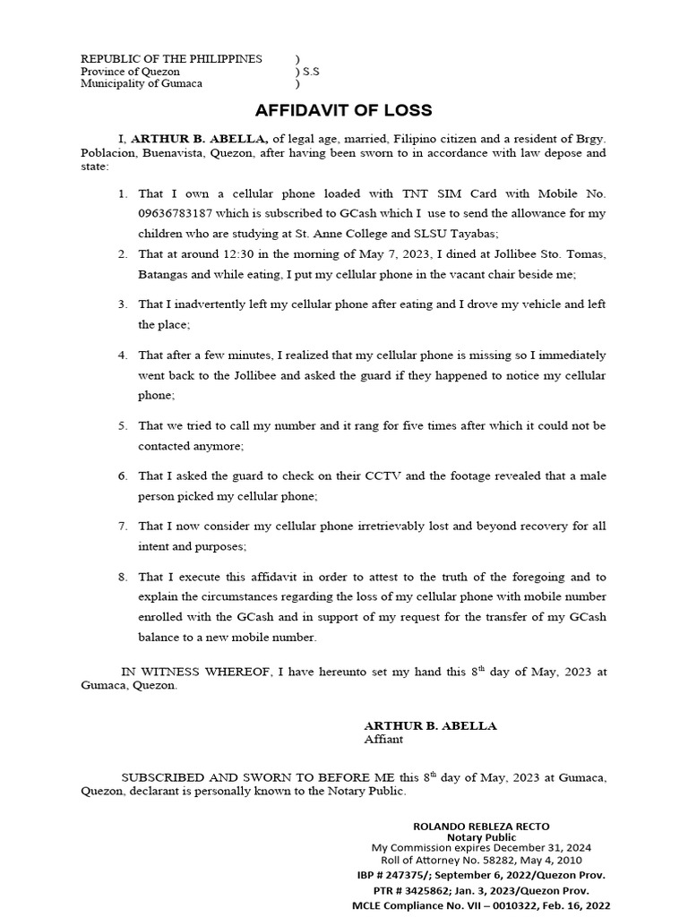 Affidavit of Loss - GCash Arthur Abella | PDF | Affidavit | Legal Documents
