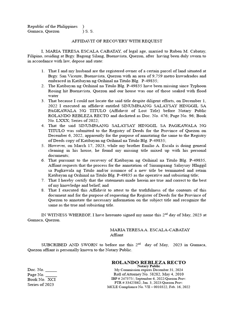 Affidavit of Recovery With Request - Cabata | PDF | Affidavit | Legal ...