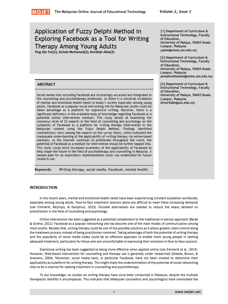 Application of Fuzzy Delphi Method in Exploring Facebook As A Tool For Writing Therapy Among ...
